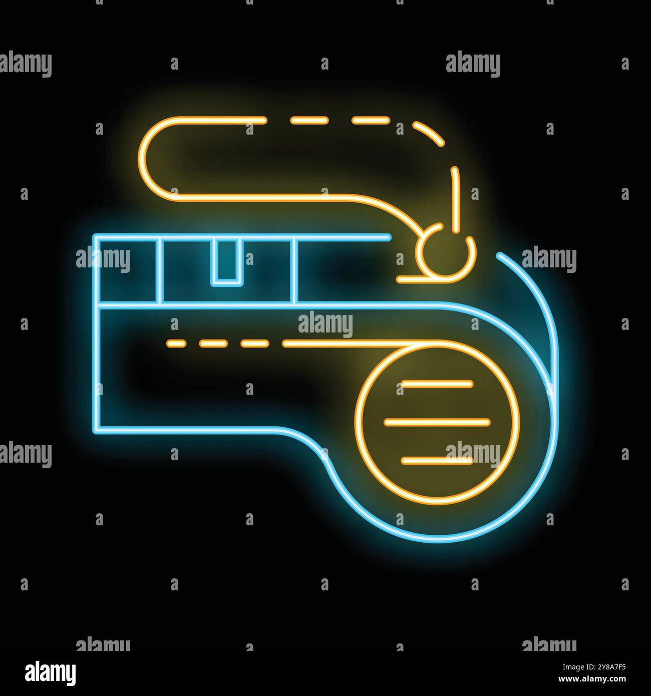 Glowing neon line electric jigsaw with steel guide being plugged in ...