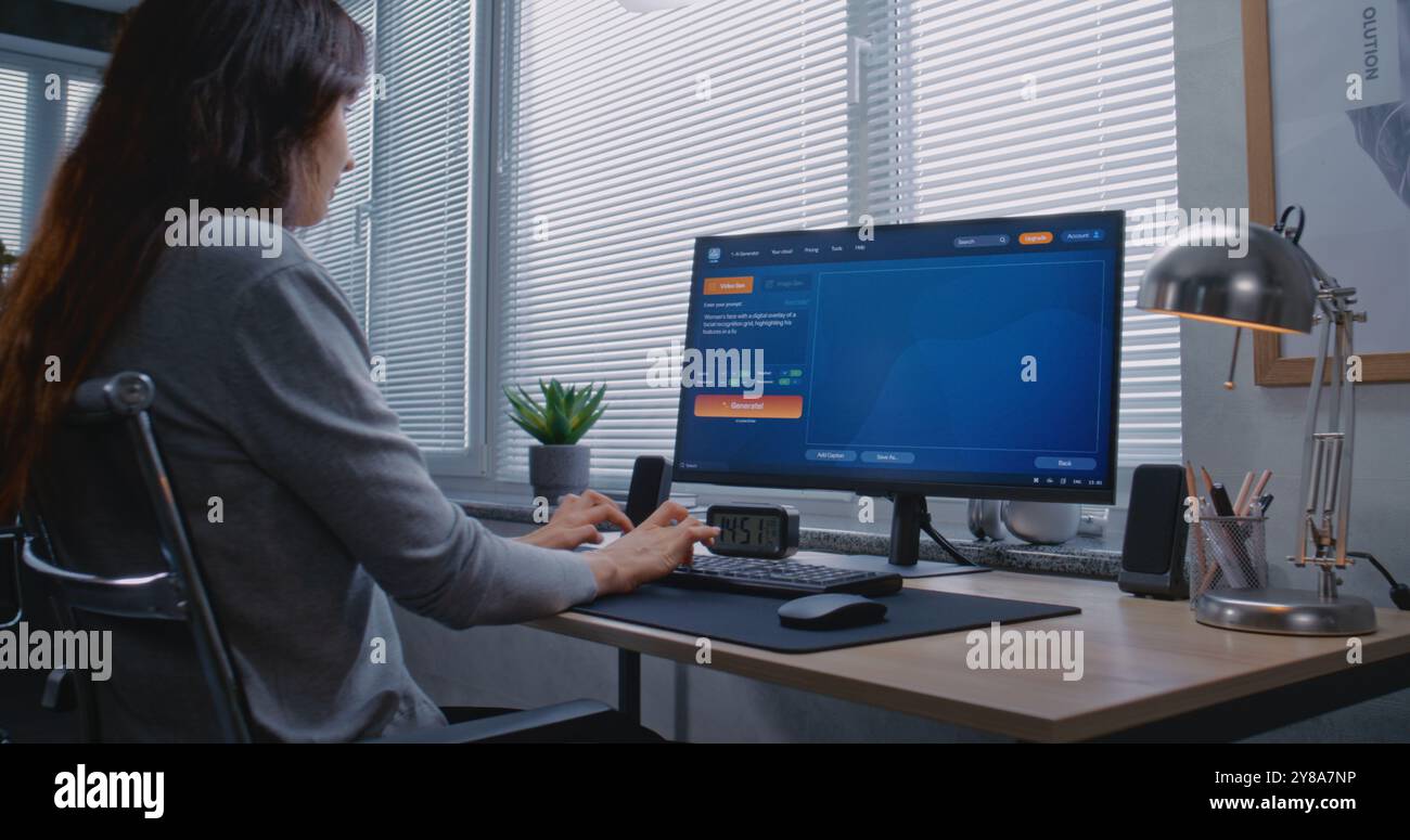 Adult woman enters prompt in artificial intelligence chatbot on PC. AI ...