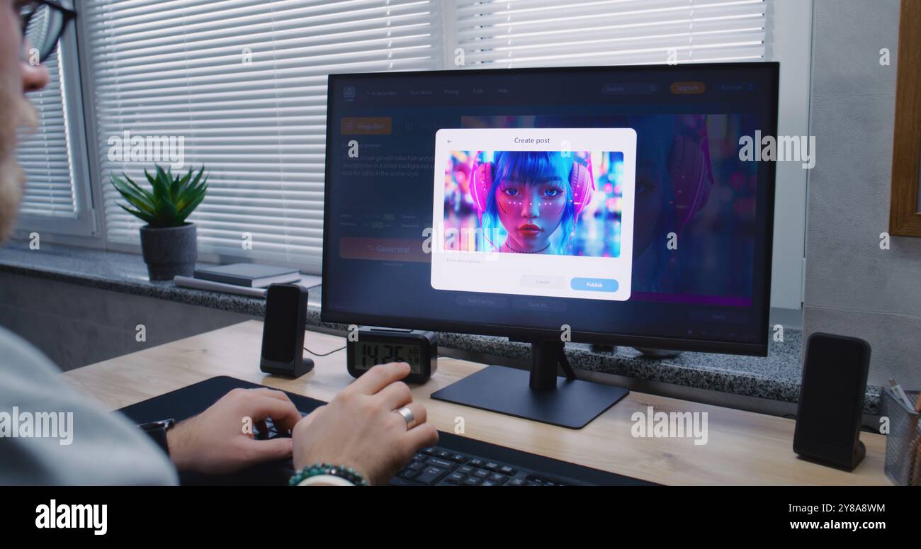 Adult man enters prompt in AI image generator app on personal computer ...