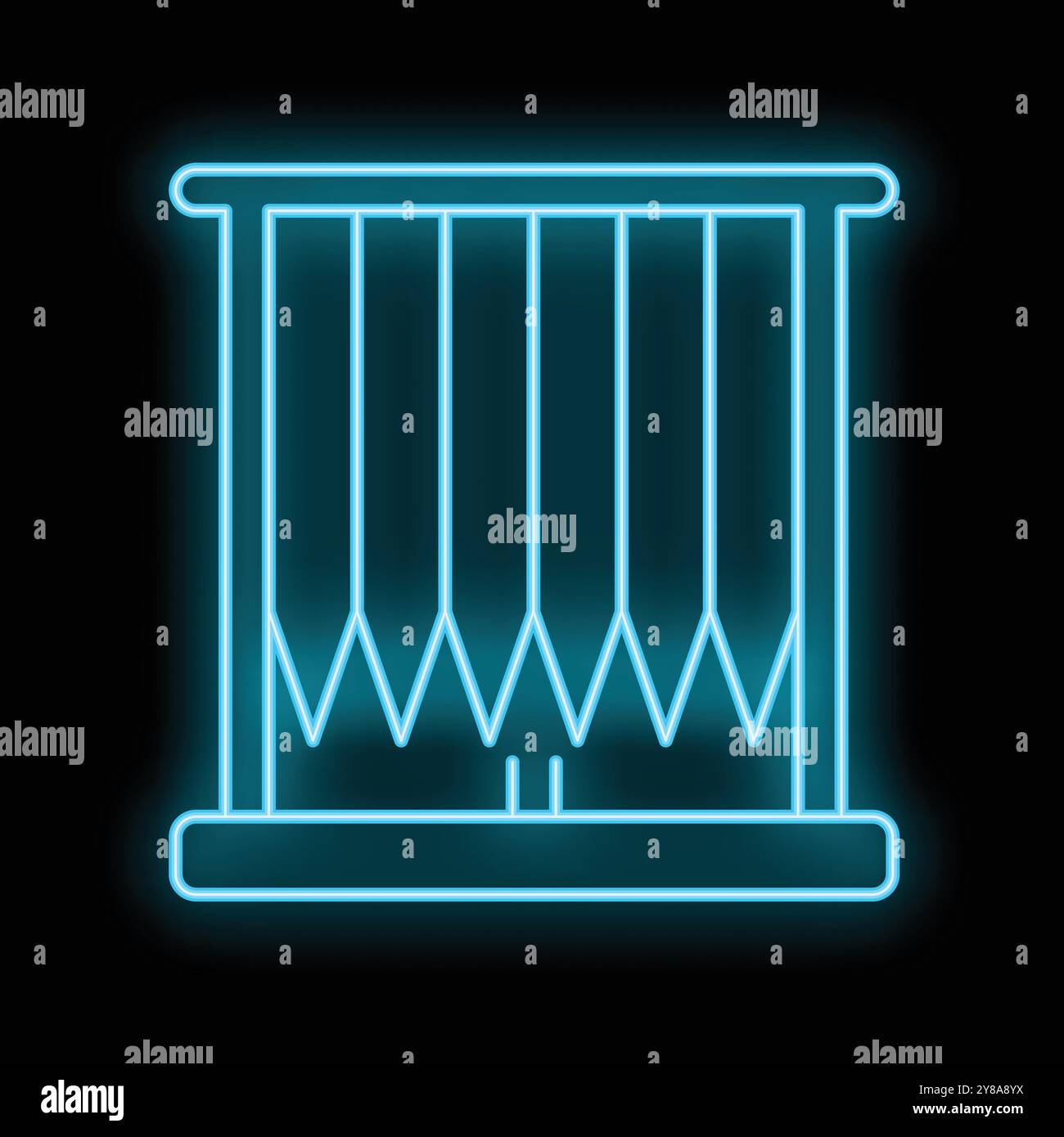 Blue neon icon of balcony railing with balusters glowing on black brick ...