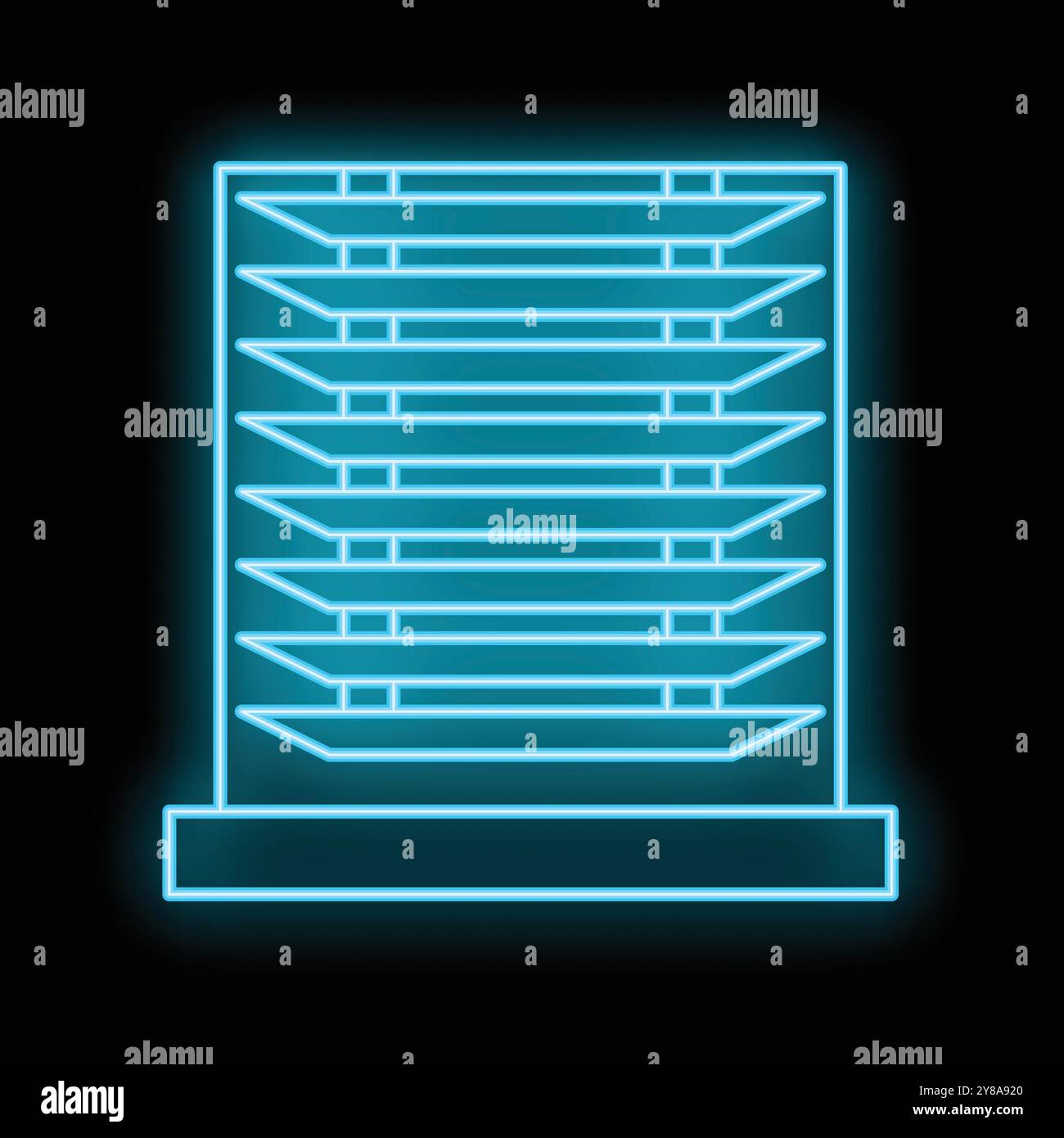 Bright blue neon sign depicting closed window blinds on a black ...