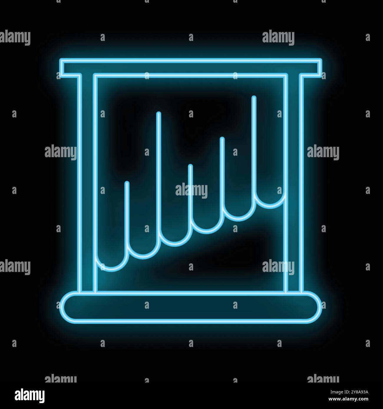 Blue neon icon of a newton's cradle with glowing balls demonstrating ...