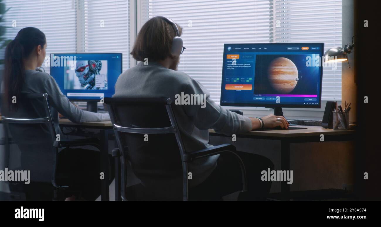 Two diverse workers using AI generator on computers in office. PC ...