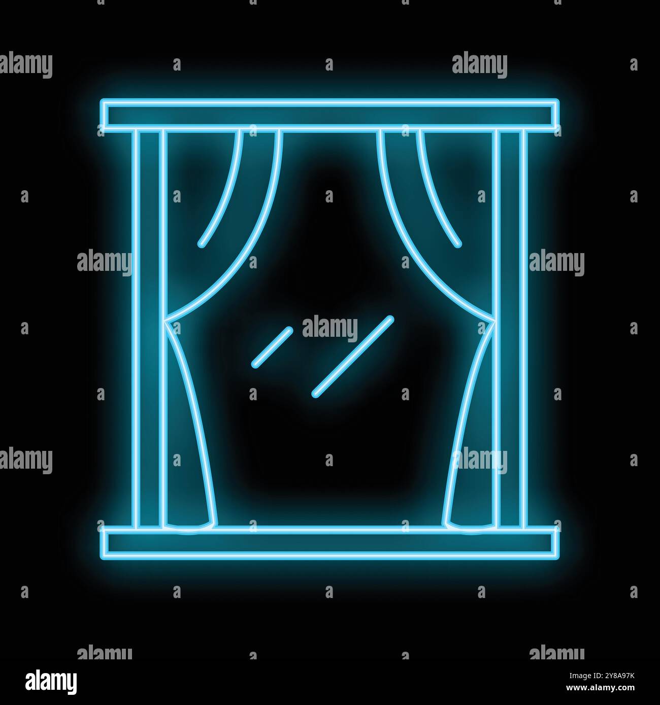 Neon window with curtains glowing on black brick wall Stock Vector ...