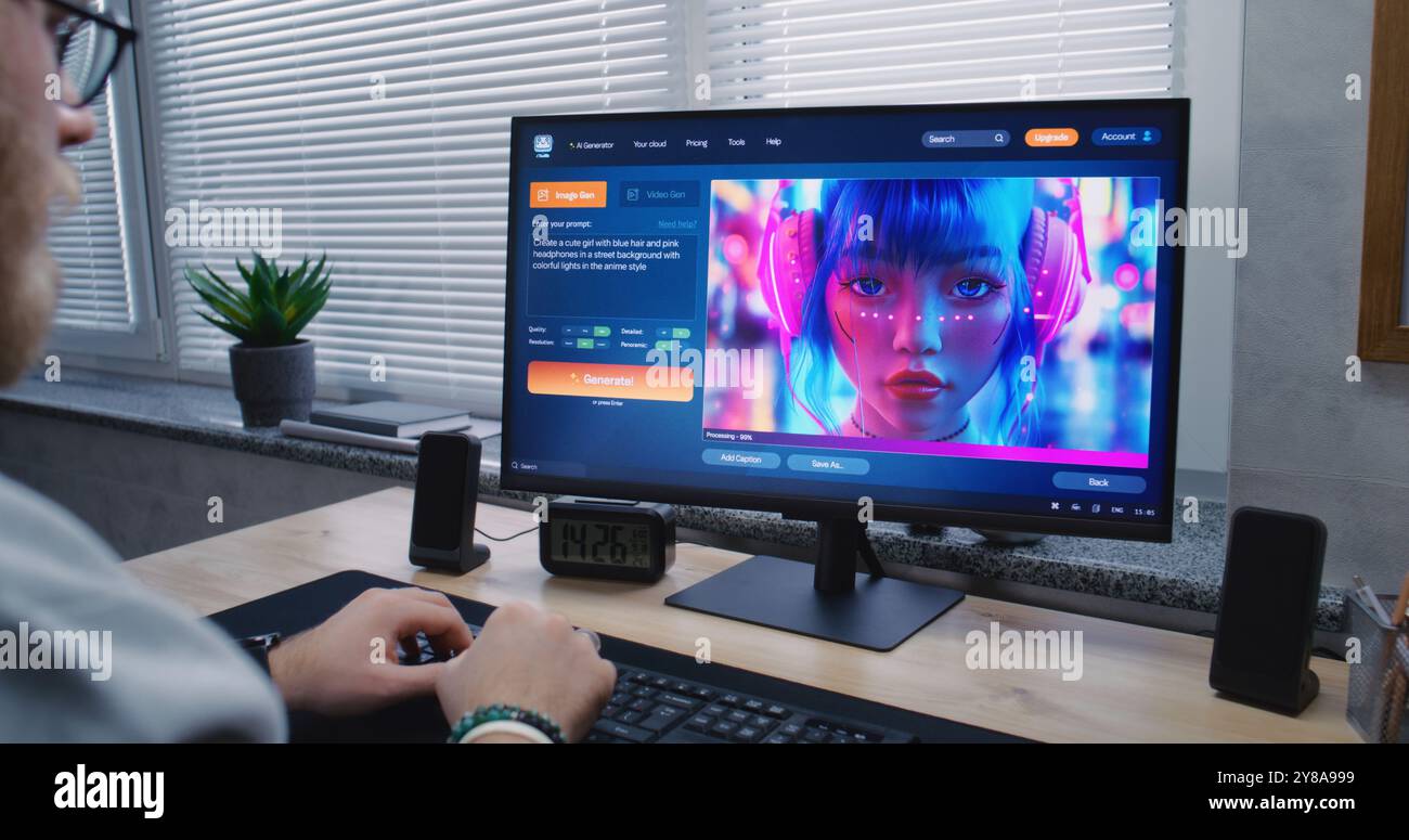 Adult man enters prompt in AI image generator app on personal computer ...