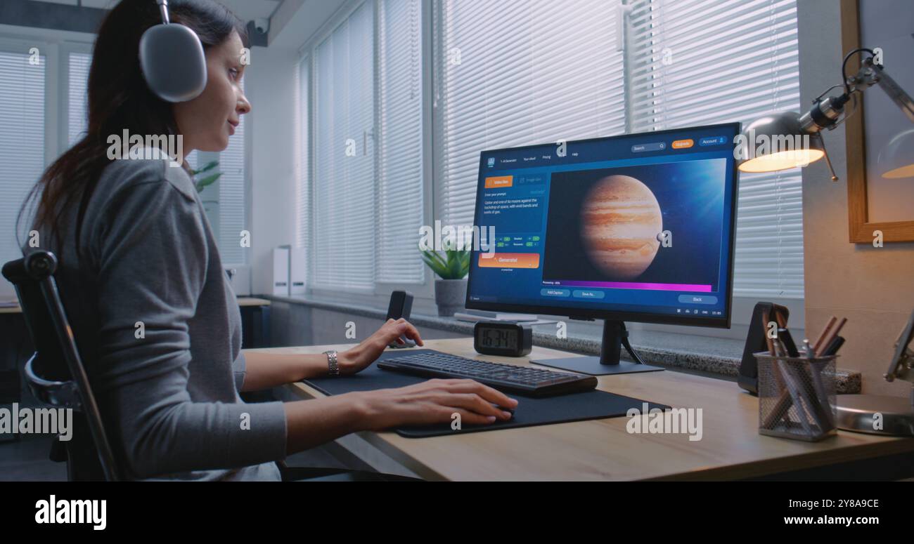 Adult woman in headphones types text in AI video generator on PC ...