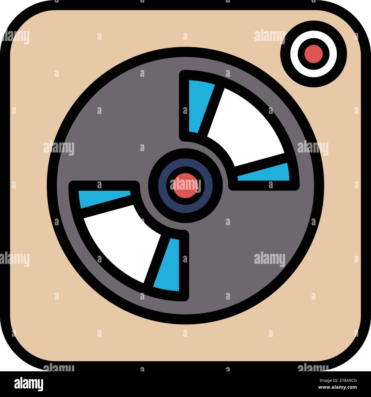 A stylized image of a CD player with a red button on the top right. The ...