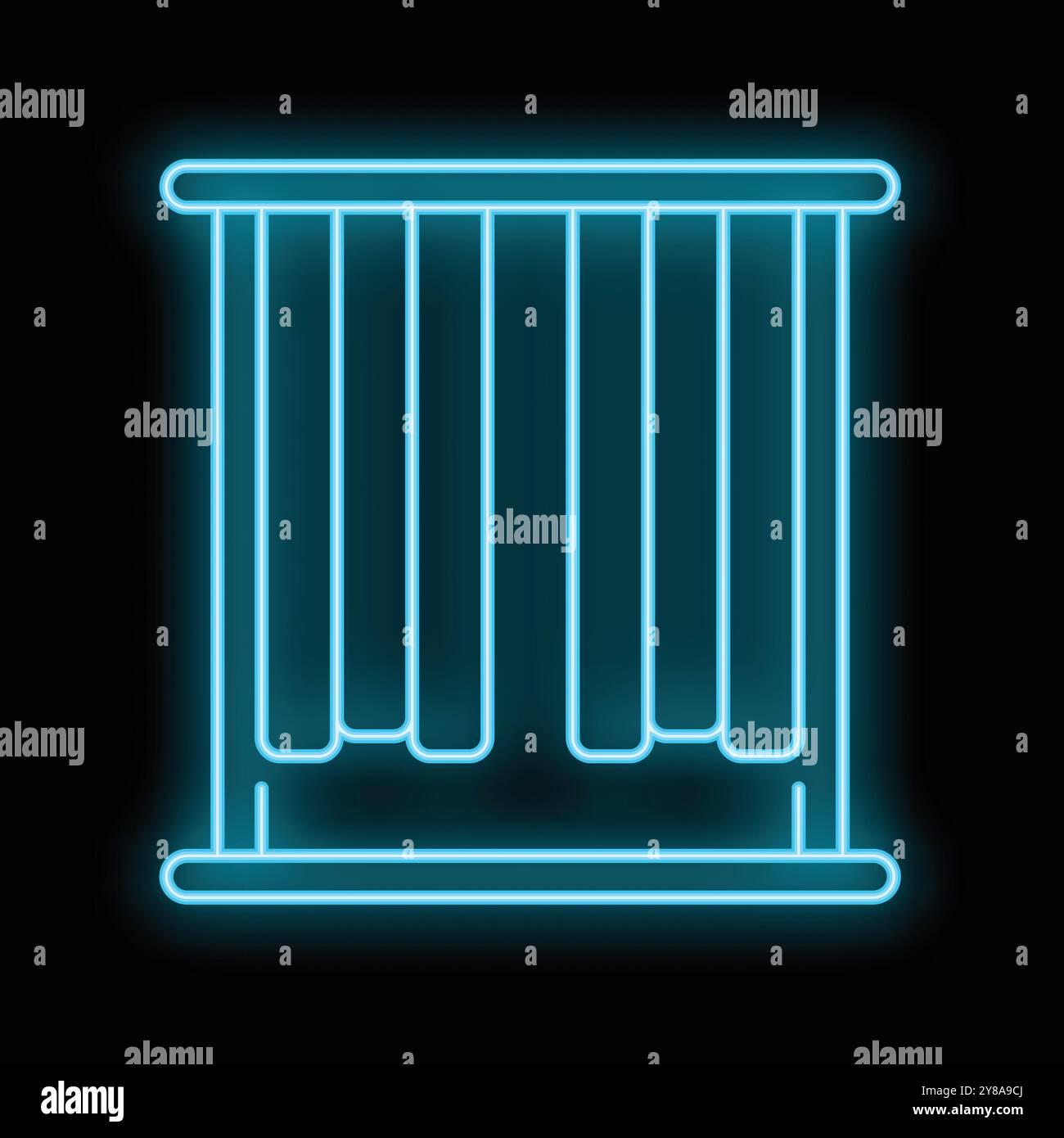 Glowing neon line baby playpen icon isolated on black background. Baby ...