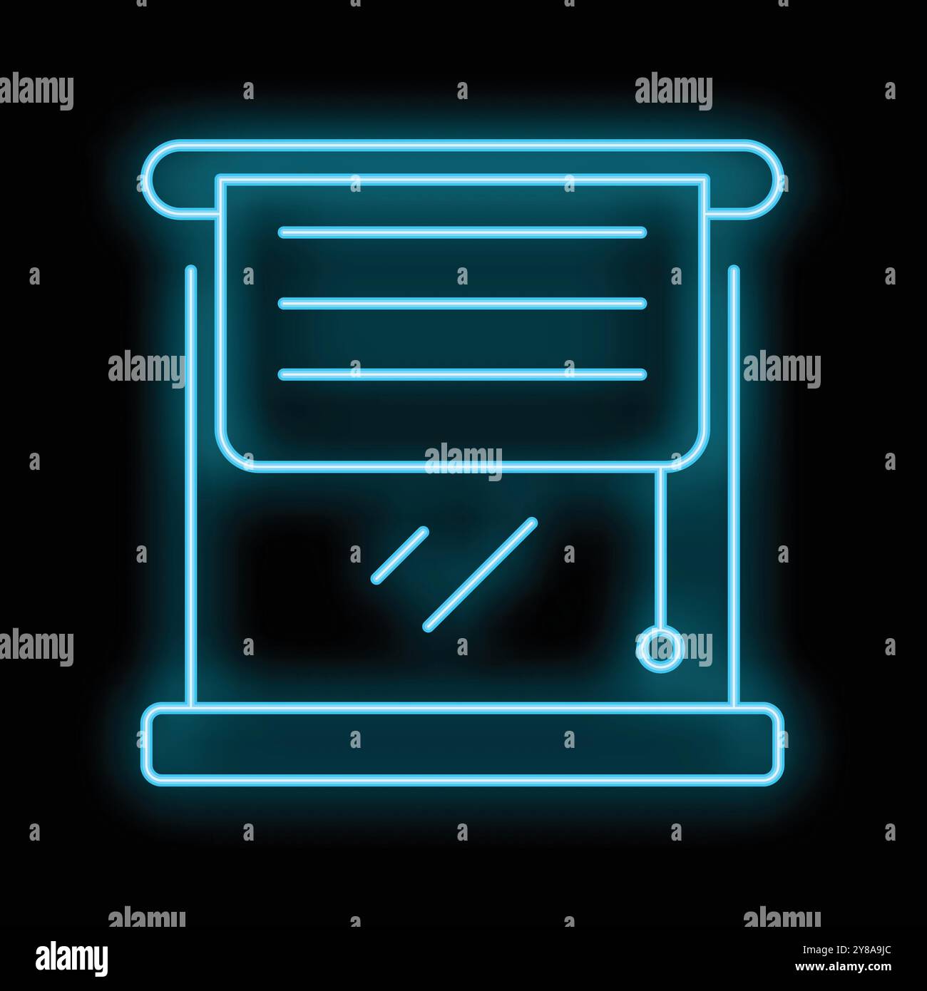 Blue neon icon of a window with closed blinds glowing on a dark ...