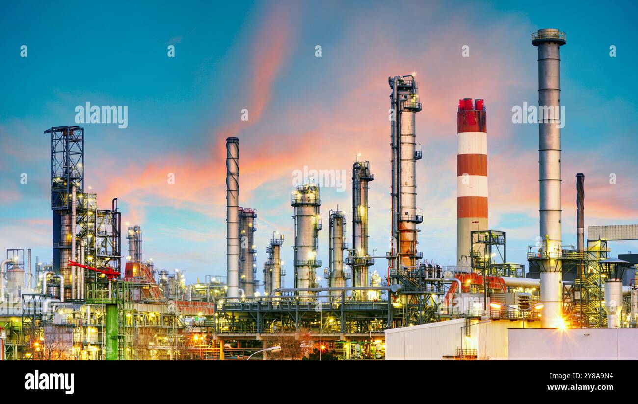 Oil refinery gas petrol plant industry with crude tank, gasoline supply ...