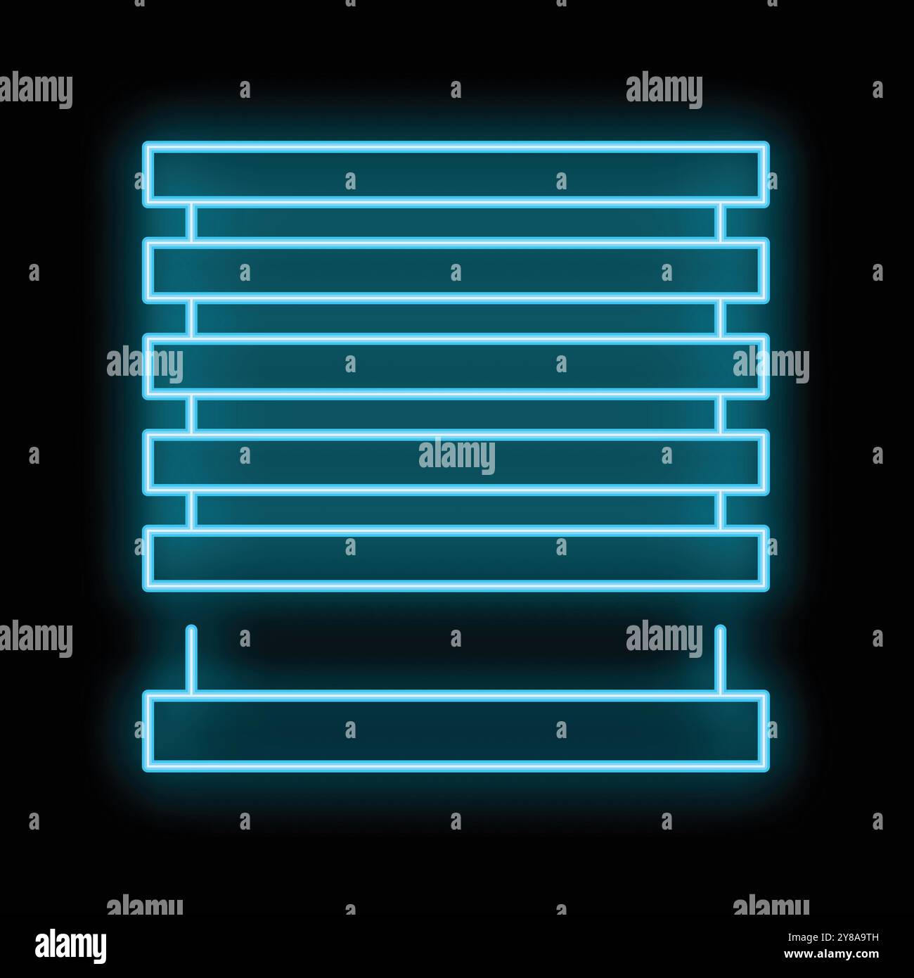Blue glowing neon icon of a window blind with horizontal slats on a ...