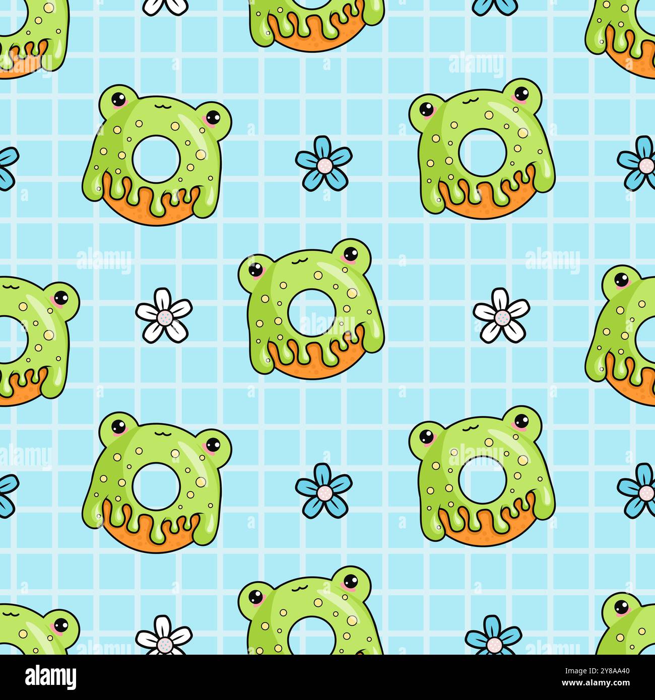 Seamless pattern with cute green frog donut. Funny kawaii cartoon ...
