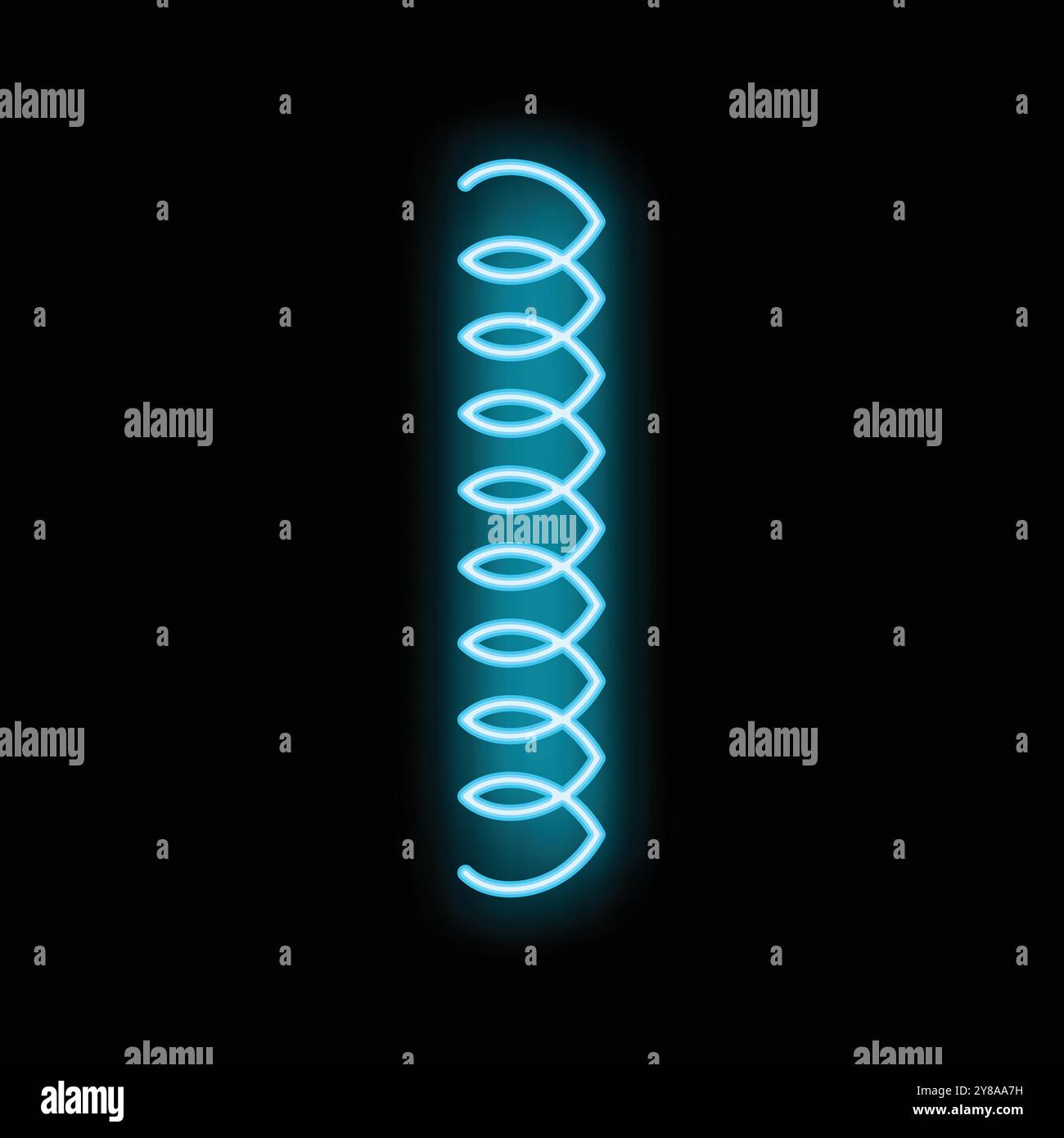 Blue neon sign shaped like a spring glowing in the dark over a black ...