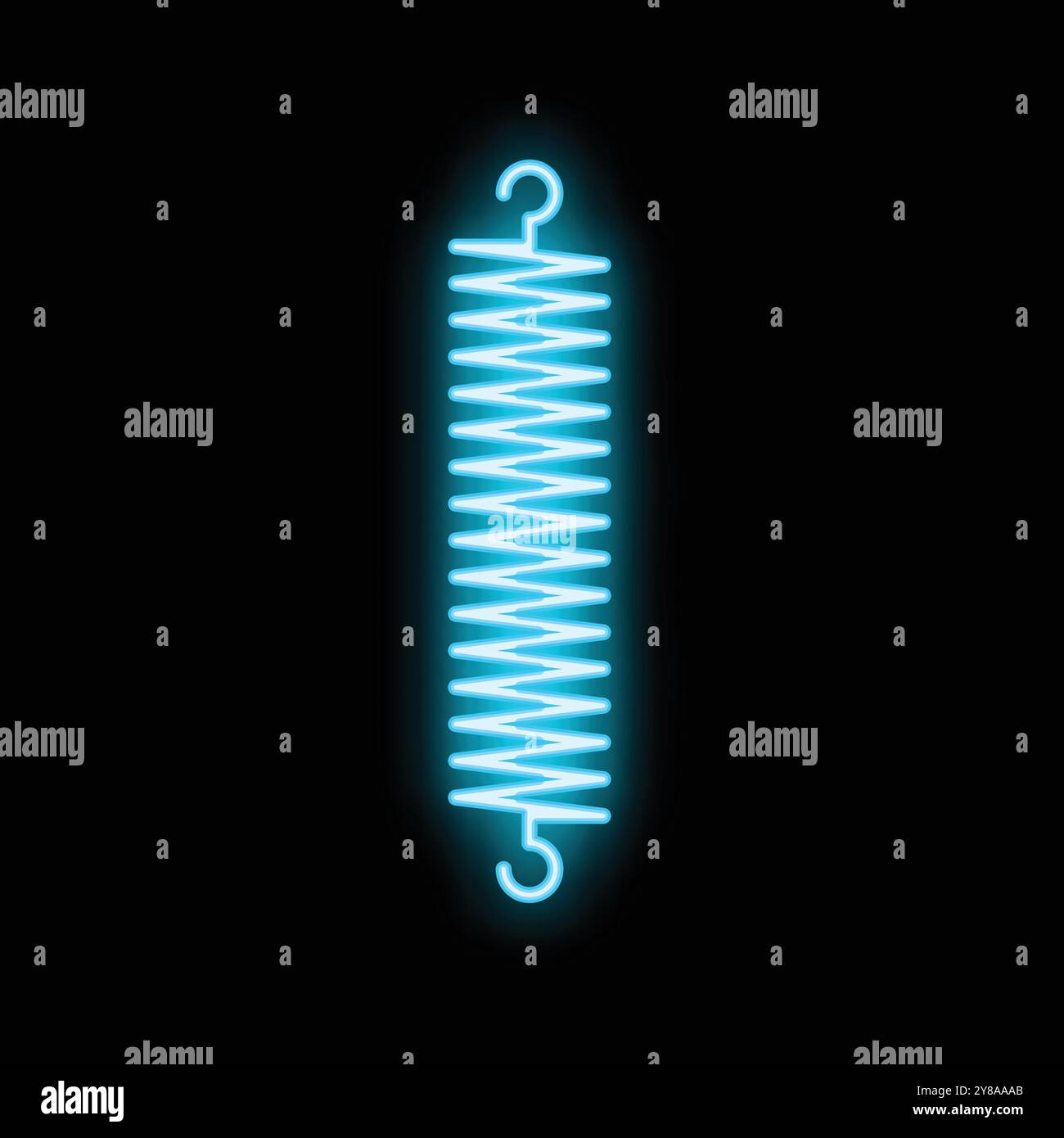 Blue neon sign depicting a metal spring with hooks on a black ...