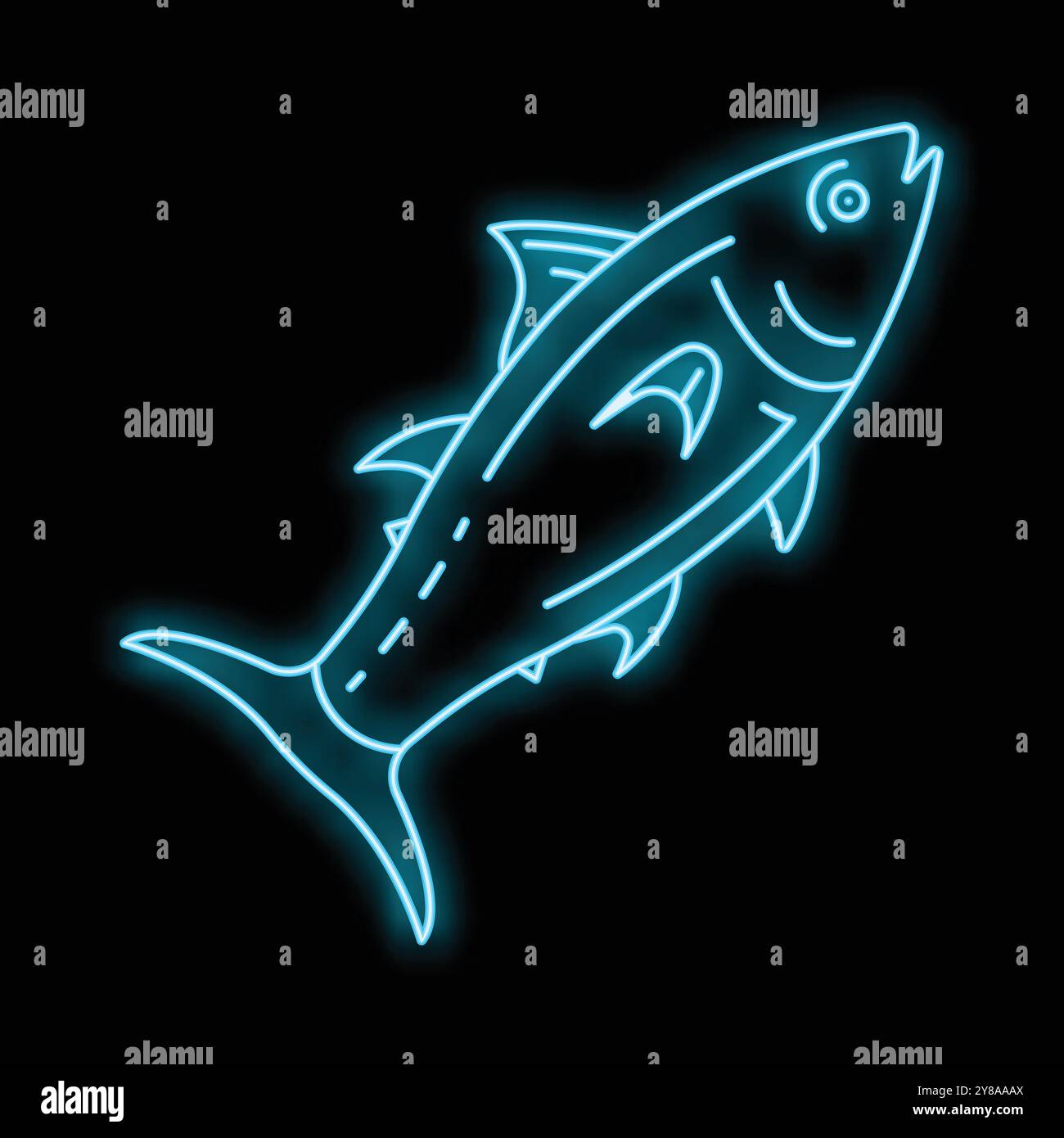 Blue neon sign illustrating a tuna fish swimming upwards on a black ...