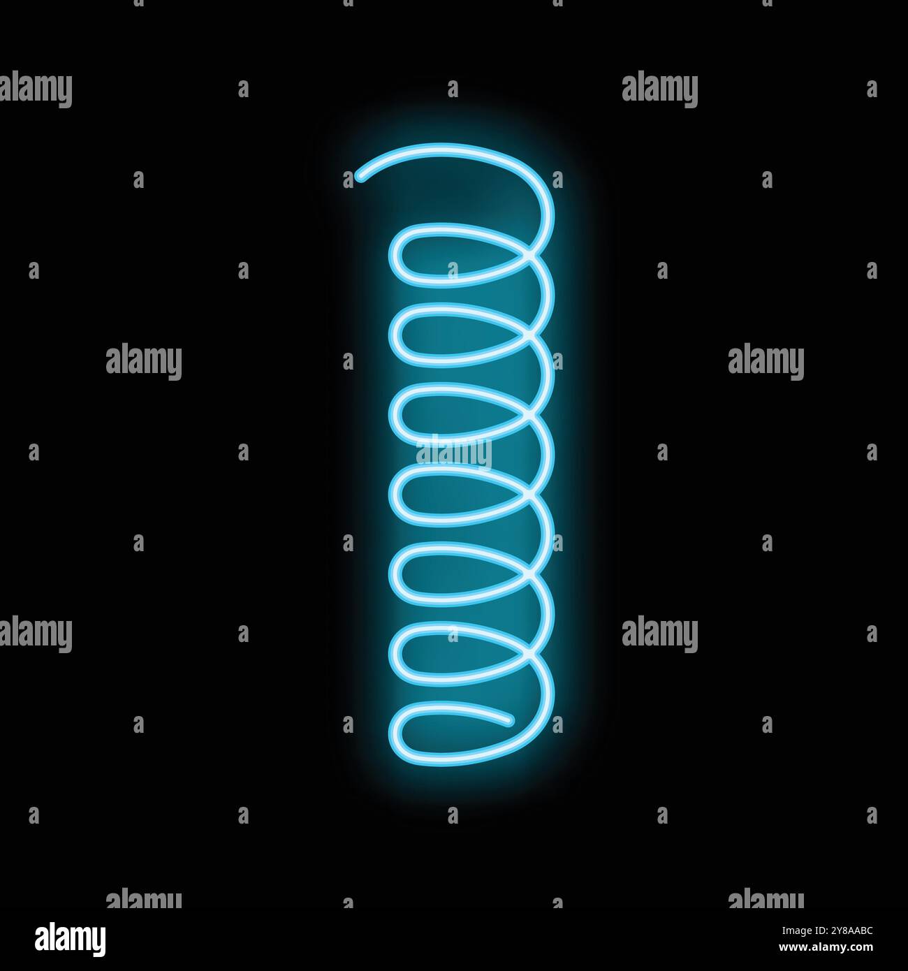 Blue neon light shaped like a flexible metal coil spring glowing on a ...