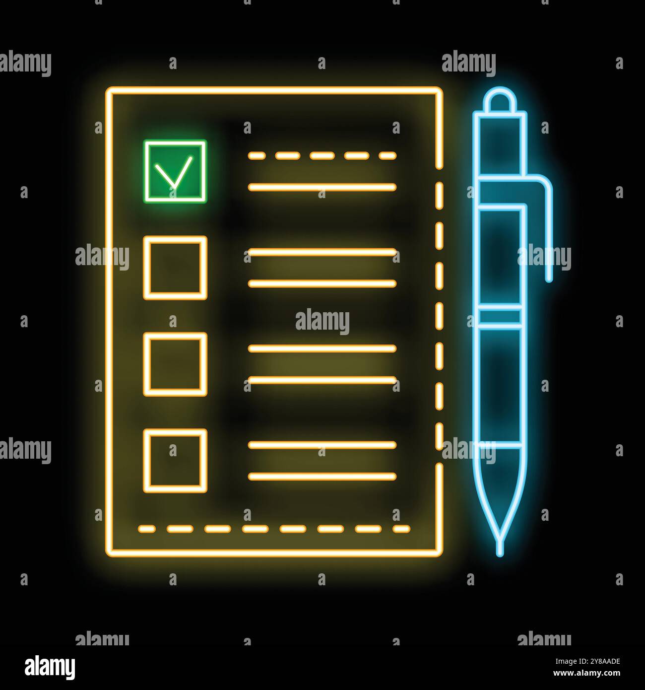 Neon icon of a checklist with a pen is glowing, symbolizing task ...