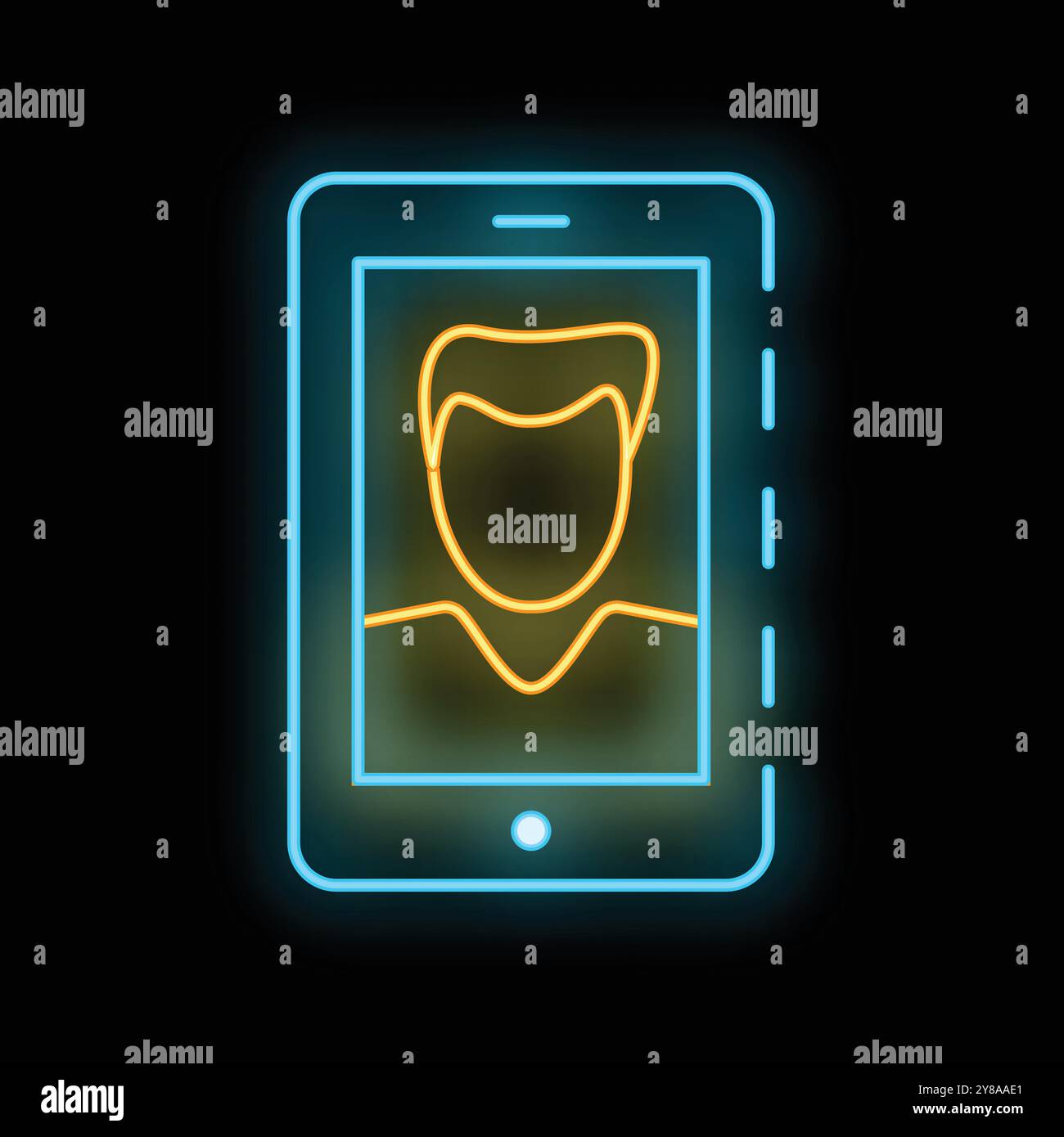 Neon mobile phone showing user profile picture icon glowing on black ...