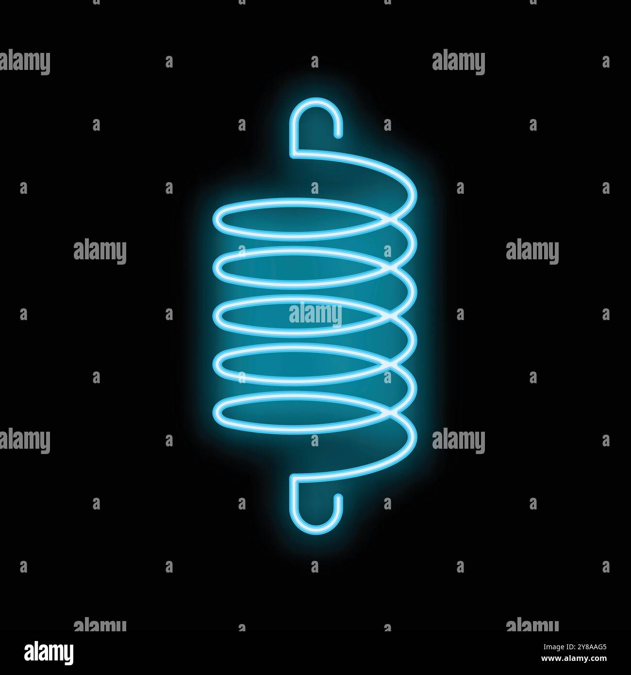 Neon sign in the shape of a metal spring glowing blue on a black ...
