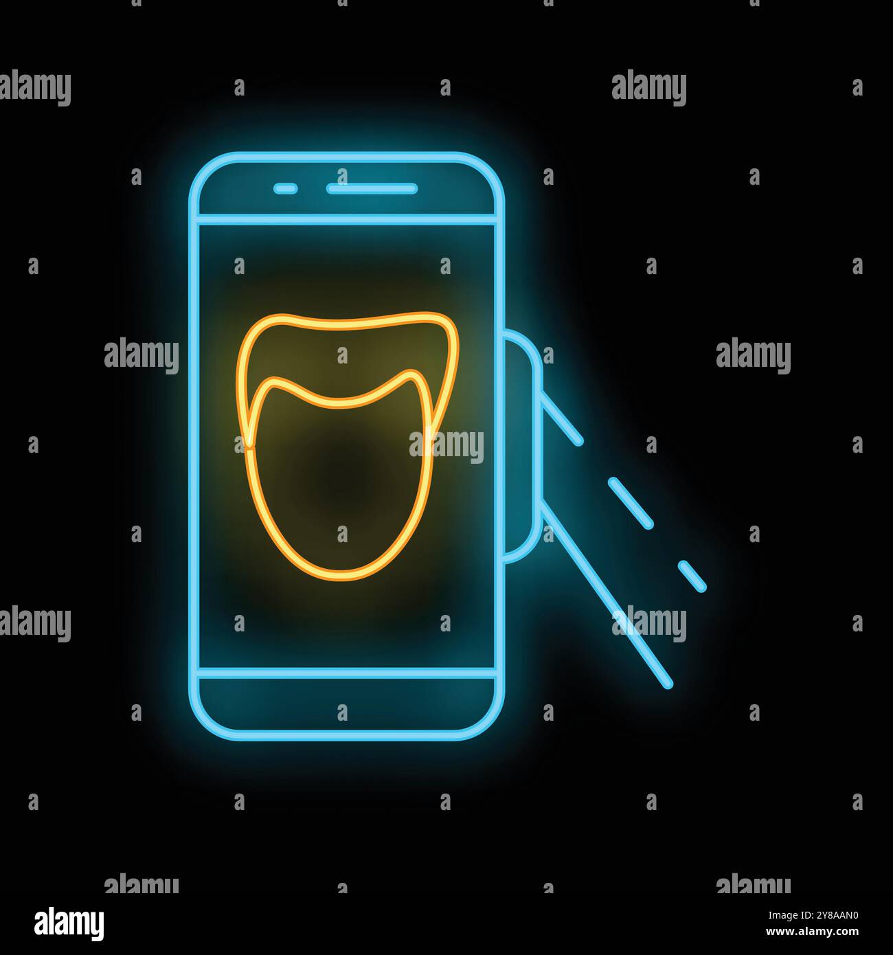 Neon glowing icon of smartphone showing customer using face id for ...