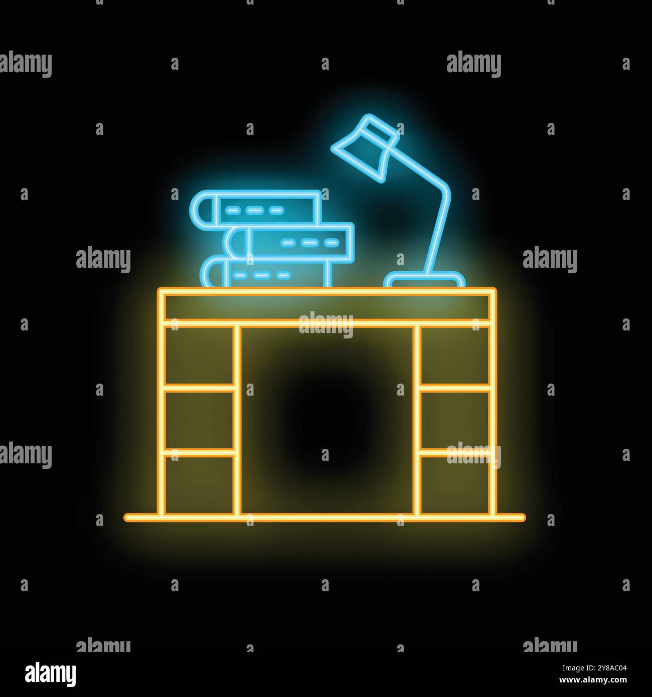 Neon sign depicting a desk with books and a lamp, illuminating the ...