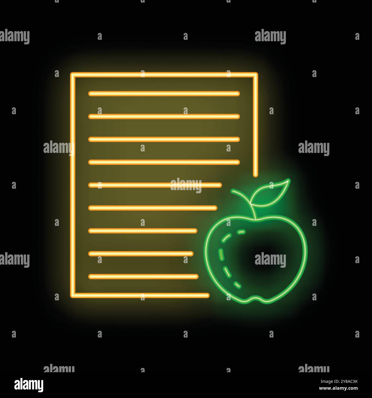 Glowing neon icon of school lunch menu with apple on black brick wall ...