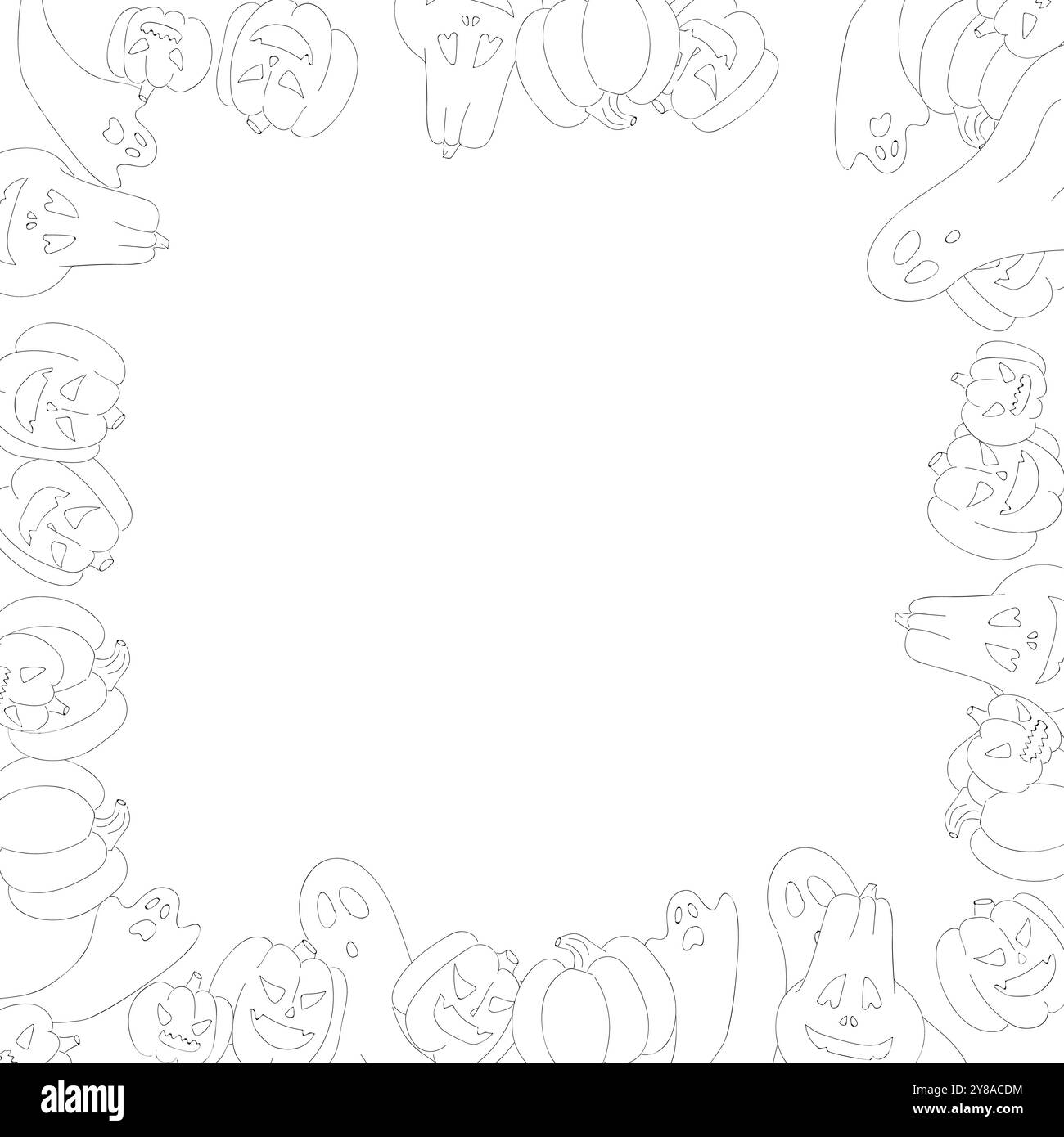 Hand Drawn Happy Halloween black and white frame. Pumpkin, Ghost, Bat ...