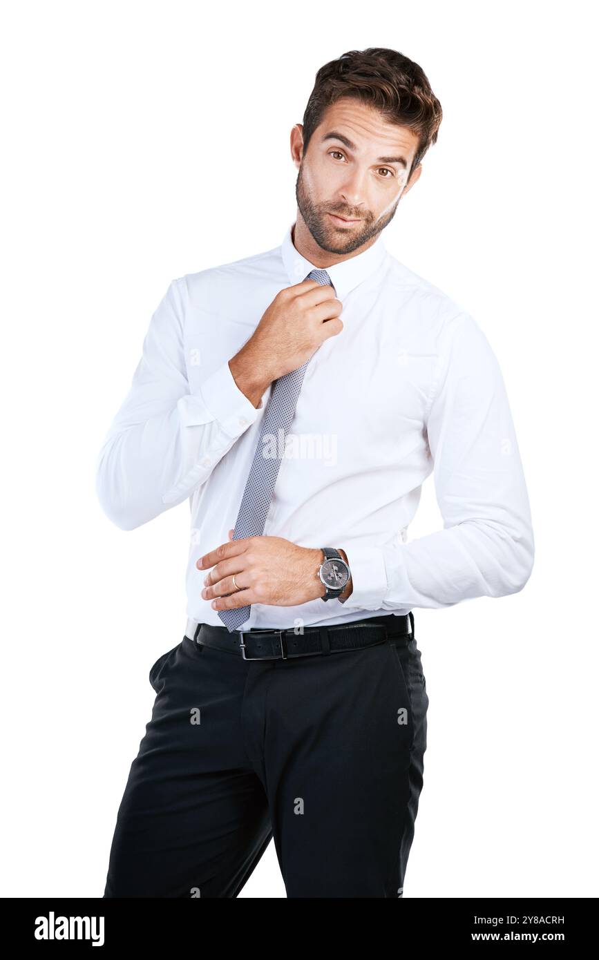 Confidence, white background and portrait of business man with company ...