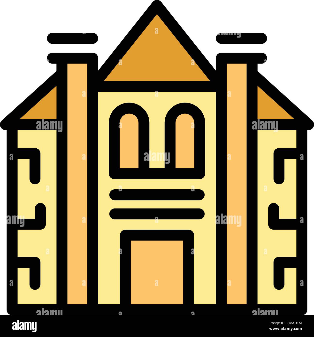 Big old house facade with two chimneys and arched windows icon, filled ...