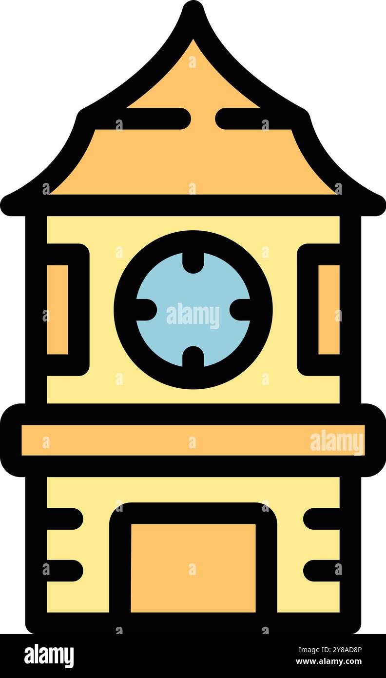 Simple icon of a clock tower with a blue clock face, representing the ...