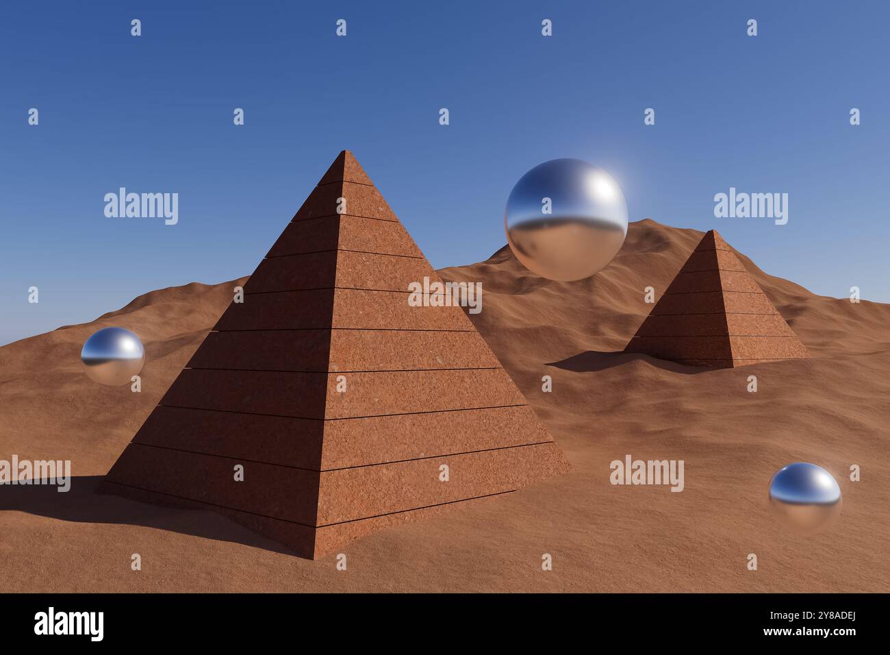 3d render illustration Three pyramids are shown in a desert landscape ...