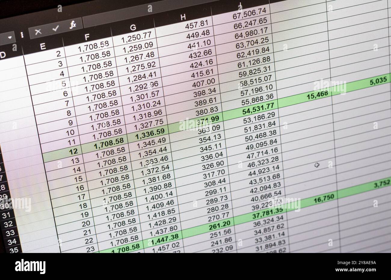 Shot of an dark mode excel sheet on computer screen showing bank loan ...