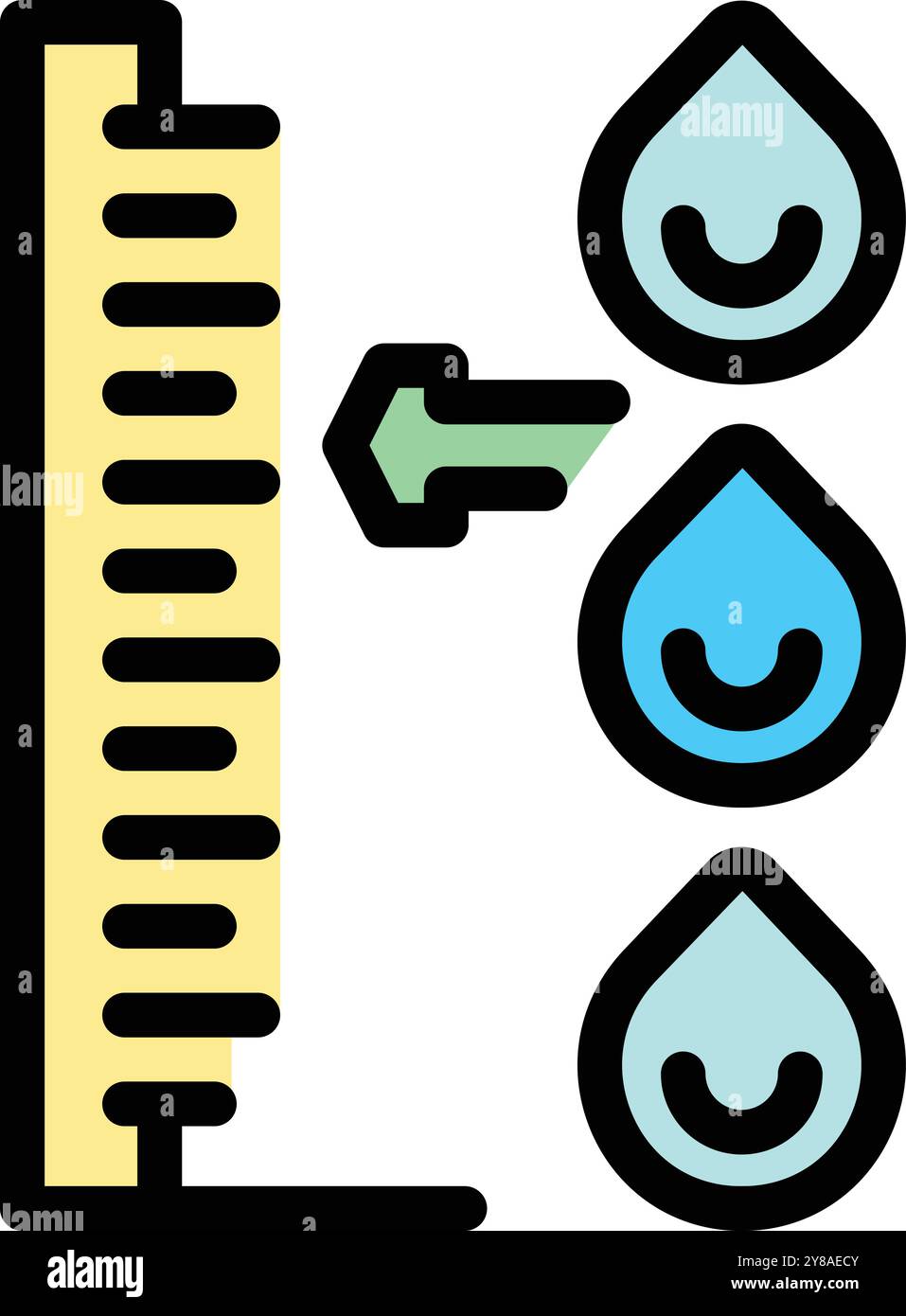 Water level indicator with arrow pointing down and water drops ...