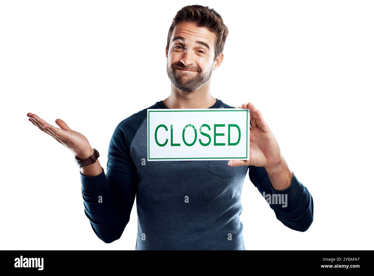 Portrait, closed sign and man with bankruptcy, sad and entrepreneur ...