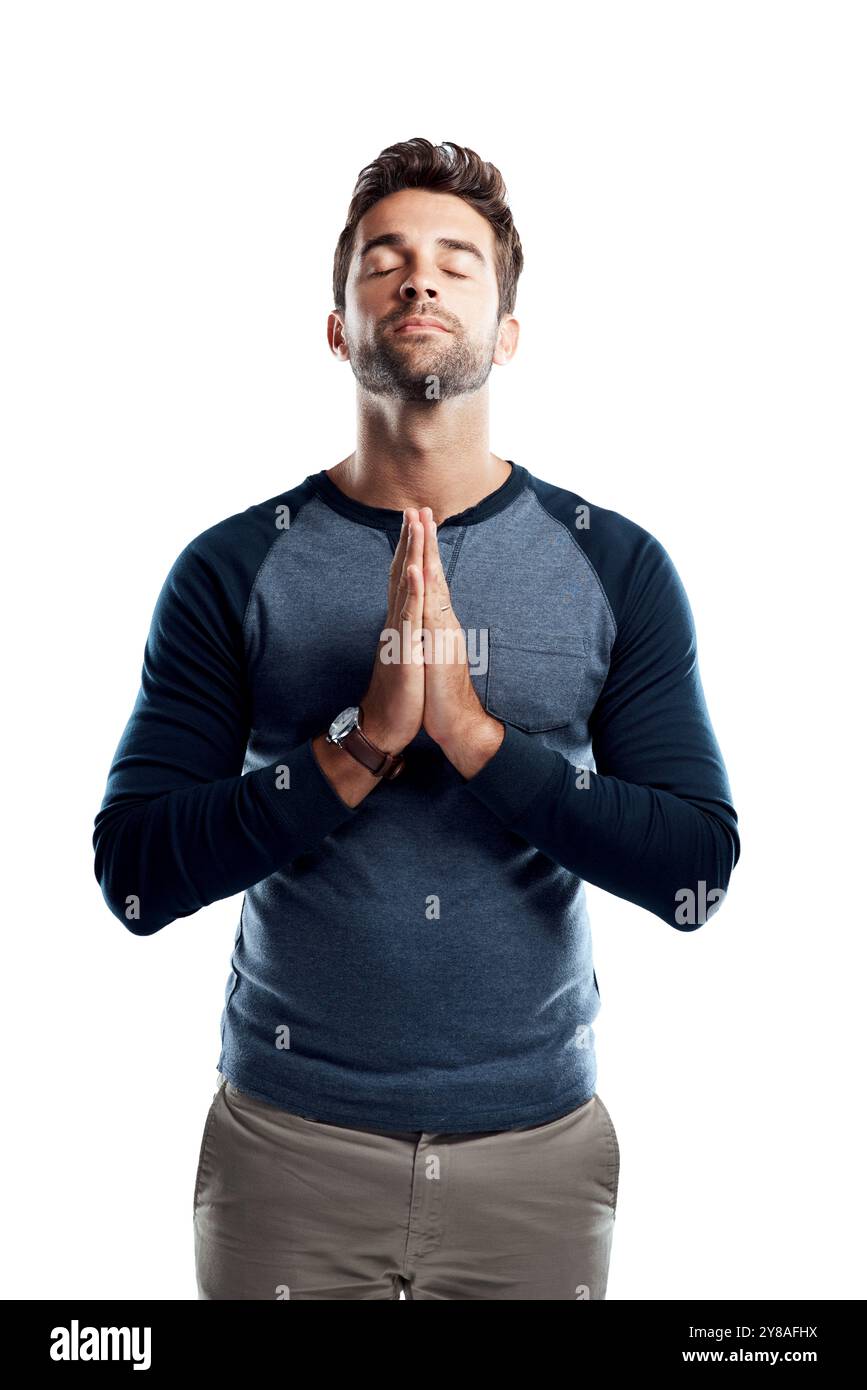 Calm man, meditation and namaste with hands together for awareness, zen ...