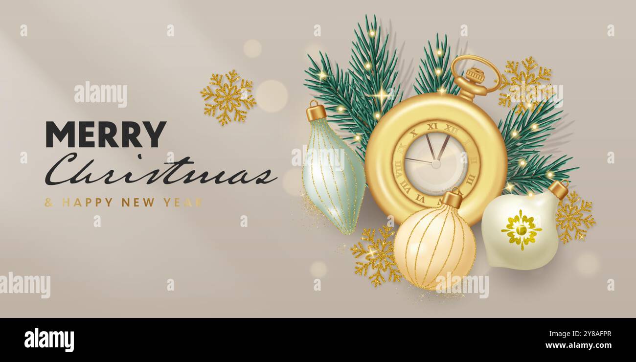 Christmas banner with a realistic old vintage clock, glass balls, and ...