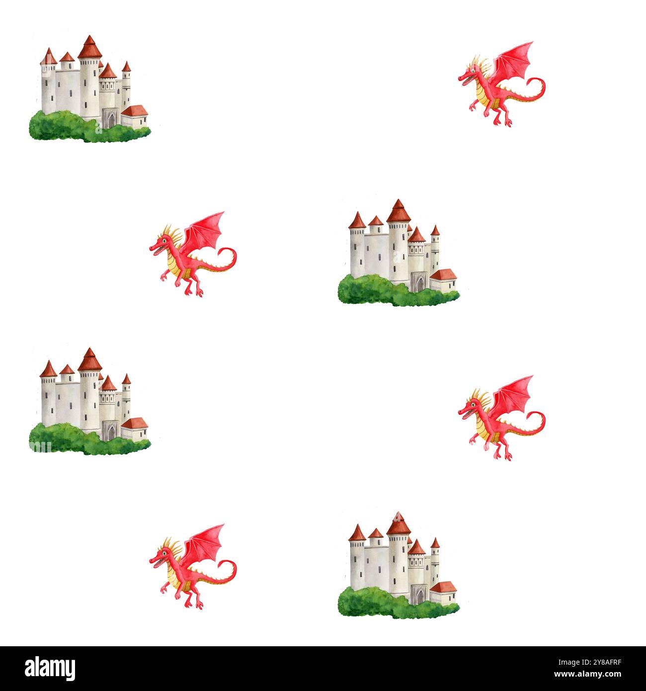 Seamless pattern with stone castle and red flying dragon. Handmade ...
