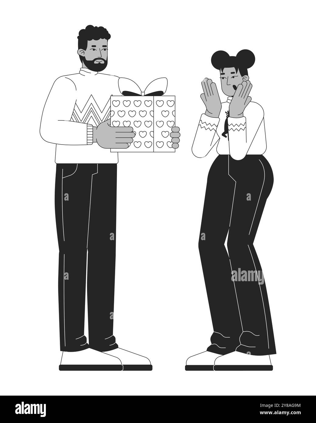 Matching sweaters couple giving gifts black and white 2D line ...