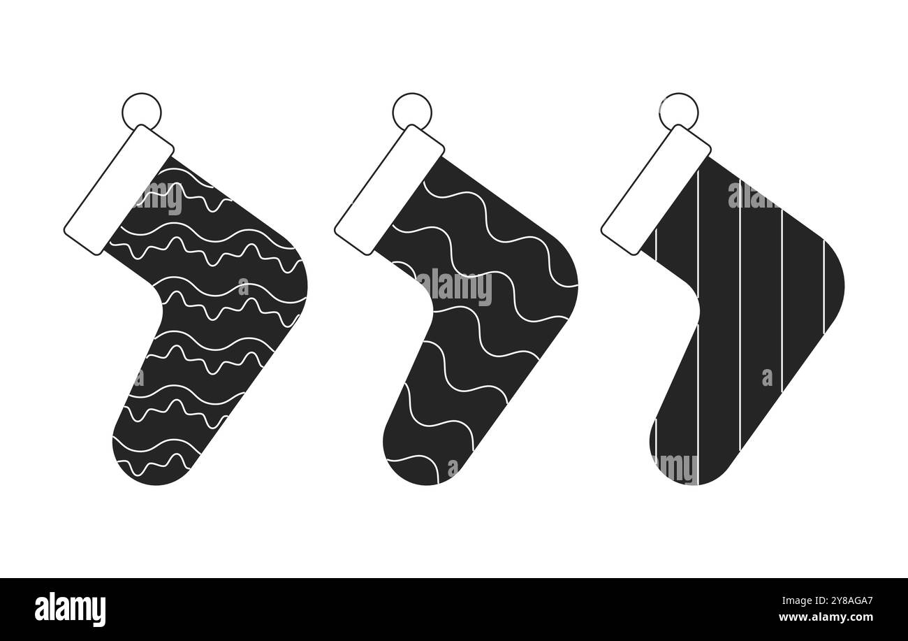Christmas socks hanging black and white 2D line objects set Stock ...