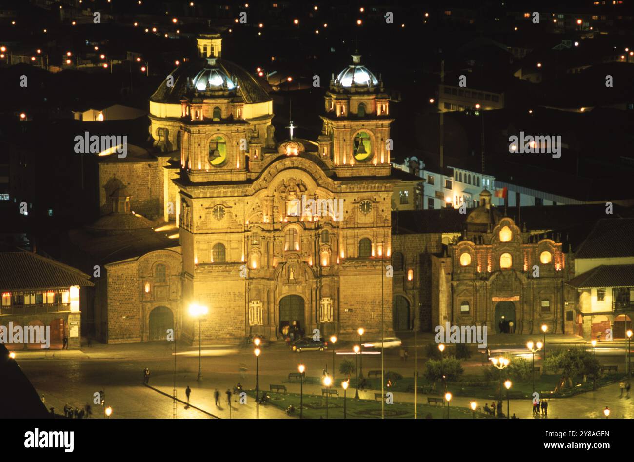 An elegant structure in the middle of the city seen at night, Peru ...