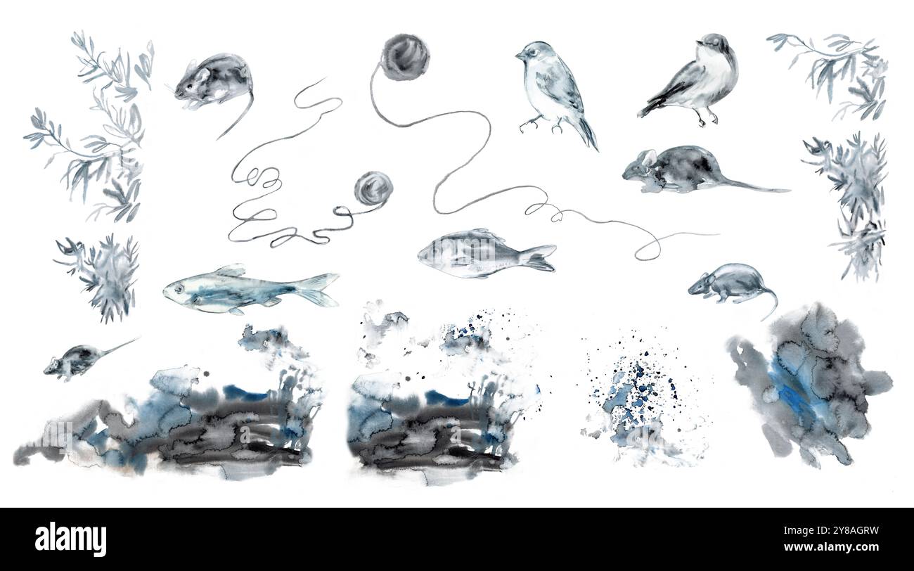 Set of bird, mouse, fish, olive tree branches, water splashes and ...