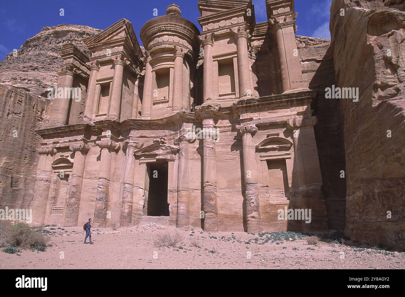 Petra Monastery-- On top of carved tower of the Monastery with Bedouin ...