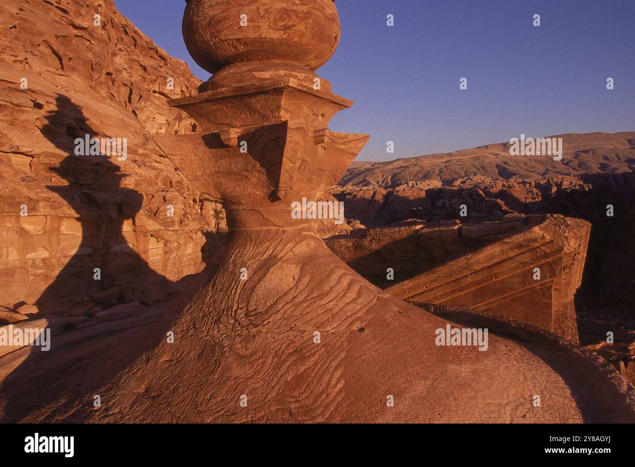 Petra Monastery-- On top of carved tower of the Monastery with Bedouin ...