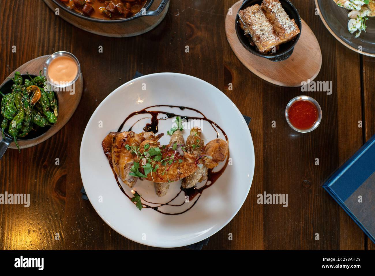 Overhead view of chicken dinner on table Stock Photo - Alamy