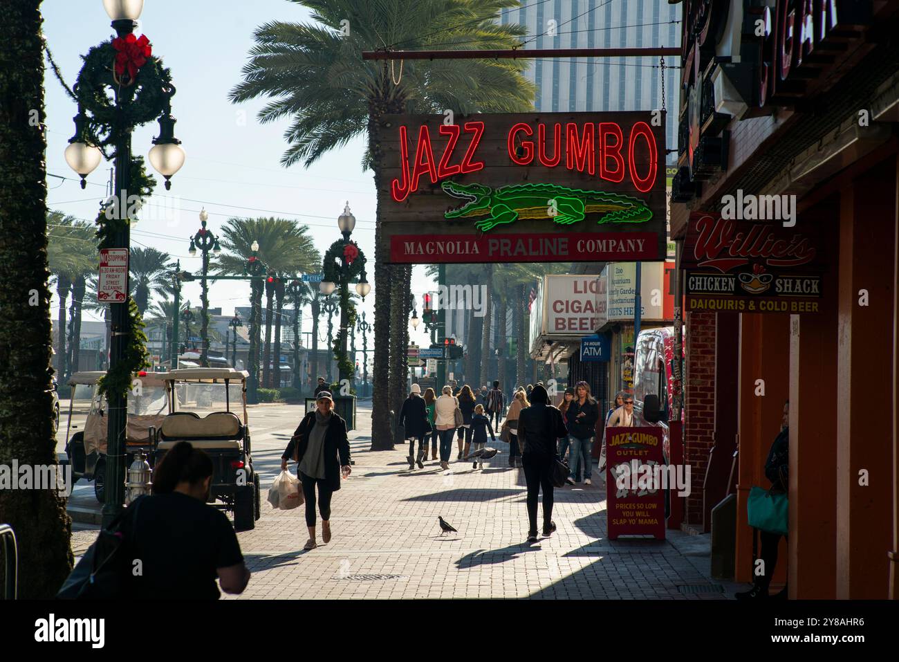 Street view of sidewalk and neon Jazz Gumbo sign Stock Photo - Alamy