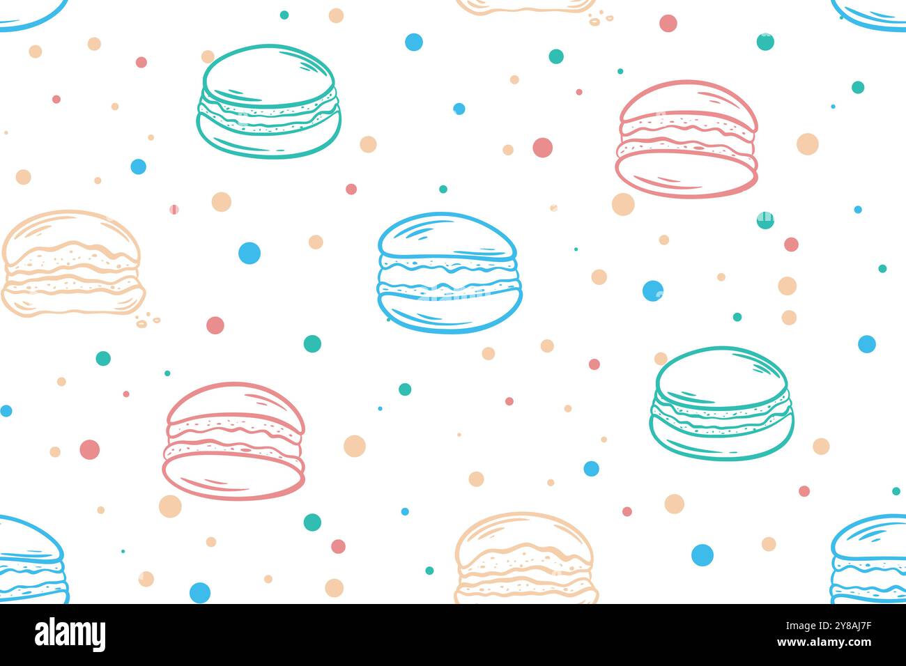 Hand drawn colored outline macaroon seamless pattern. Delicate pastel ...