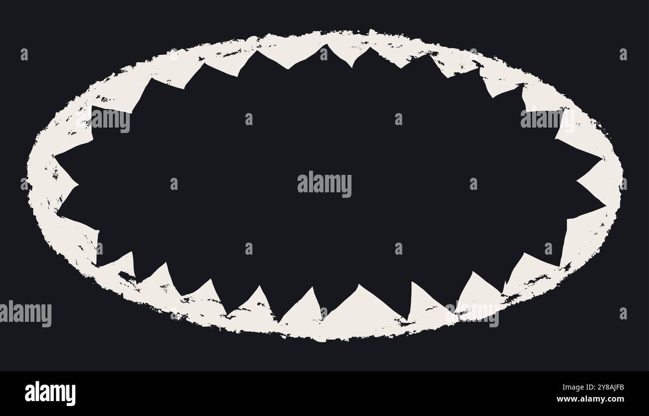 Grunge style oval frame with ripped border. Round shape with zigzag ...