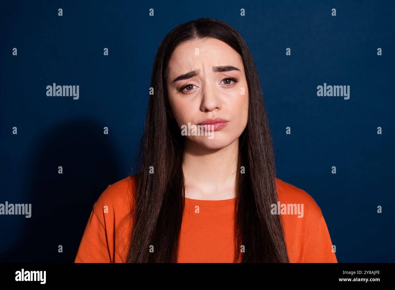 Photo of sad upset moody cute woman wear orange trendy clothes bad mood ...