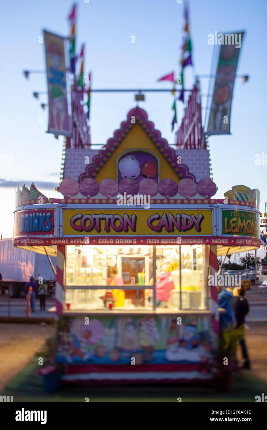 Cotton candy snack stand at fairground selective focus vertical Stock ...