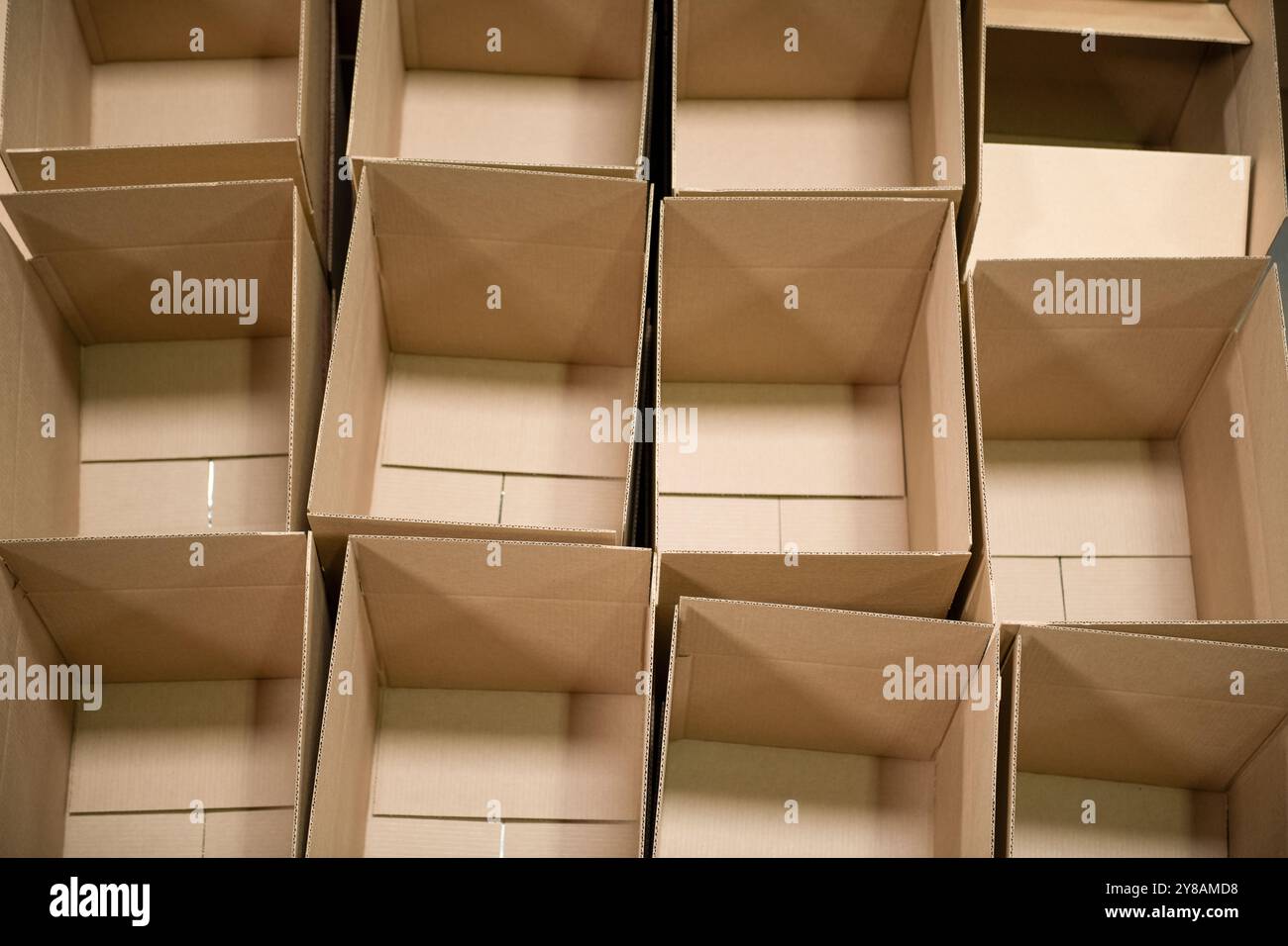 View looking into empty cardboard shipping boxes ready for use Stock ...